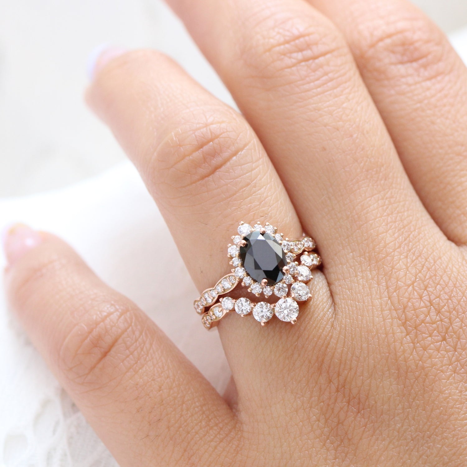 Black Diamond Ring Gold Halo Oval Ring 7 Diamond Wedding Band Set | La ...