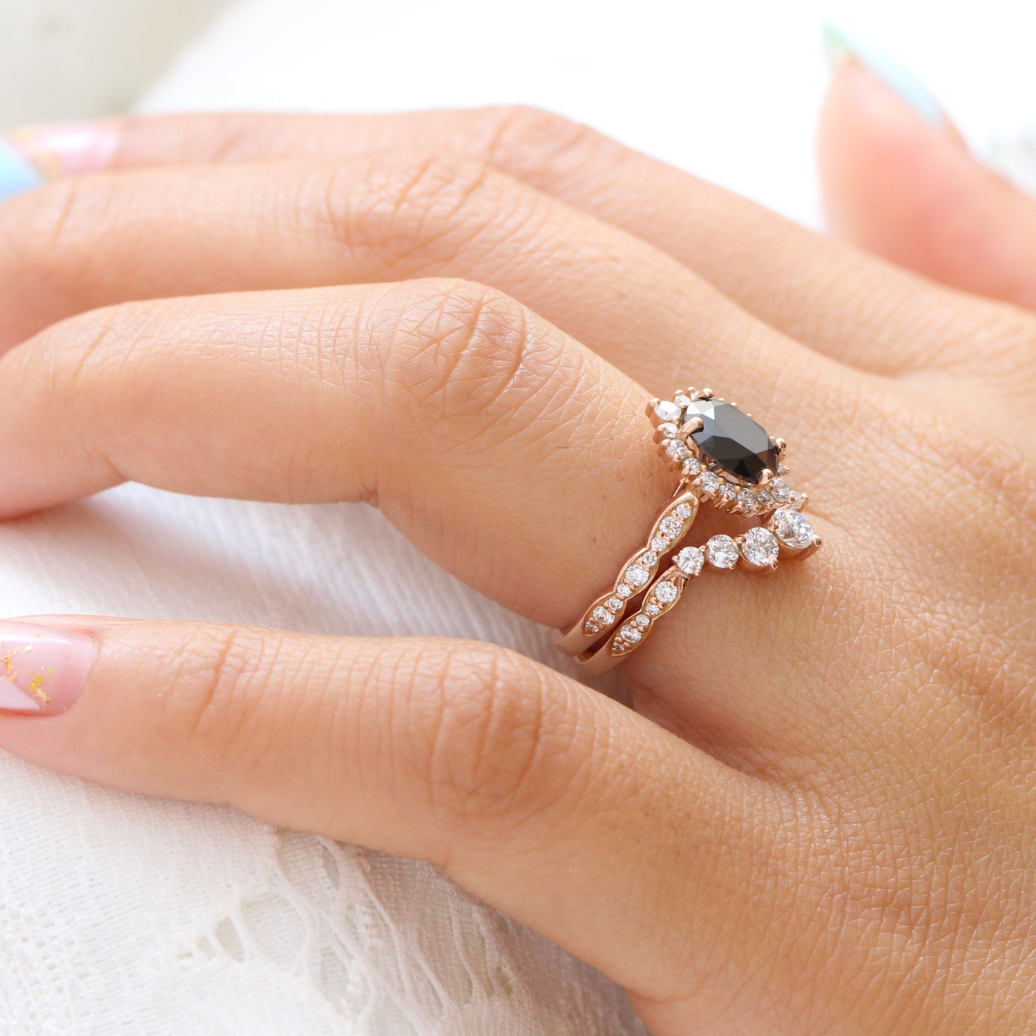 Black Diamond Ring Gold Halo Oval Ring 7 Diamond Wedding Band Set | La ...