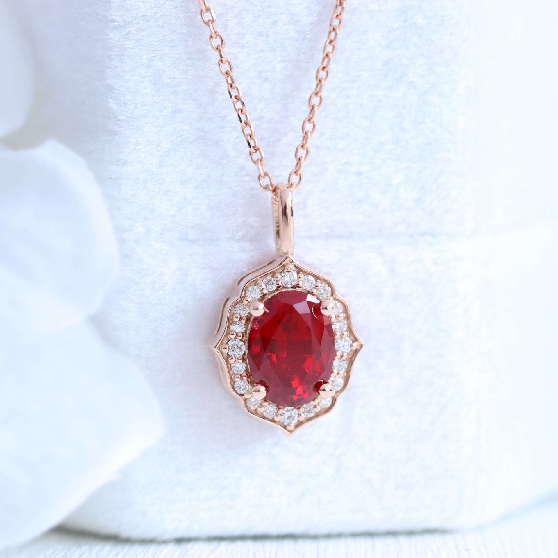 Vintage Style Oval Ruby Necklace Rose Gold Halo Diamond Pendant Chain ...