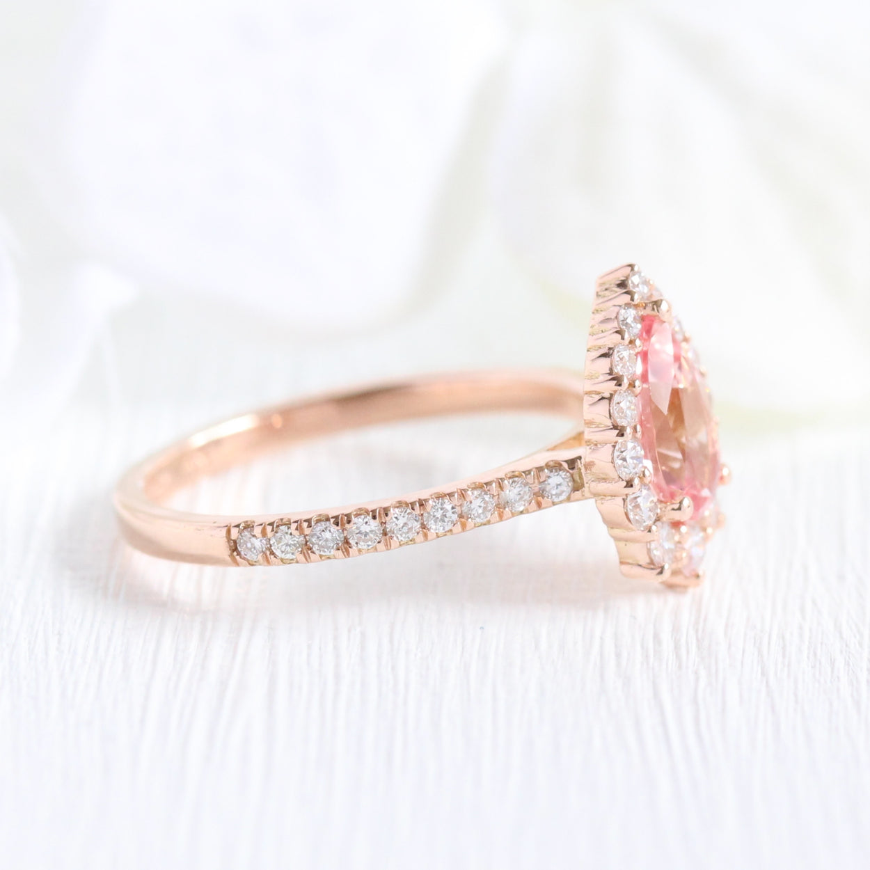 Pear Cut Peach Sapphire Engagement Ring Rose Gold Halo Diamond Ring ...