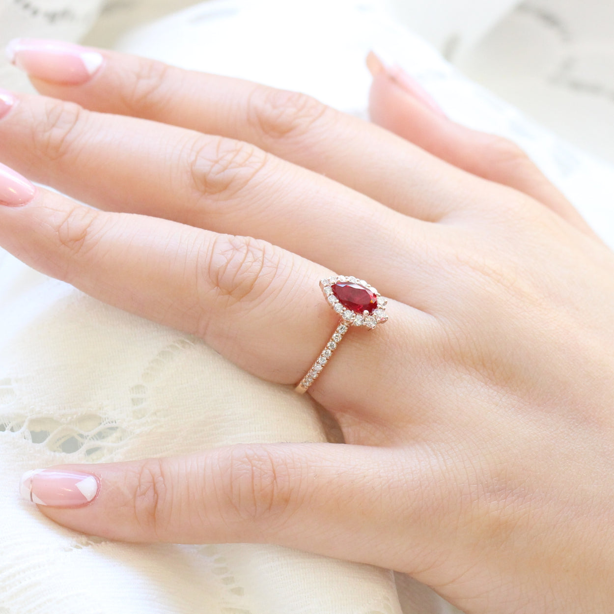 Pear Shaped Ruby Engagement Ring Rose Gold Halo Diamond Pave Ring | La ...