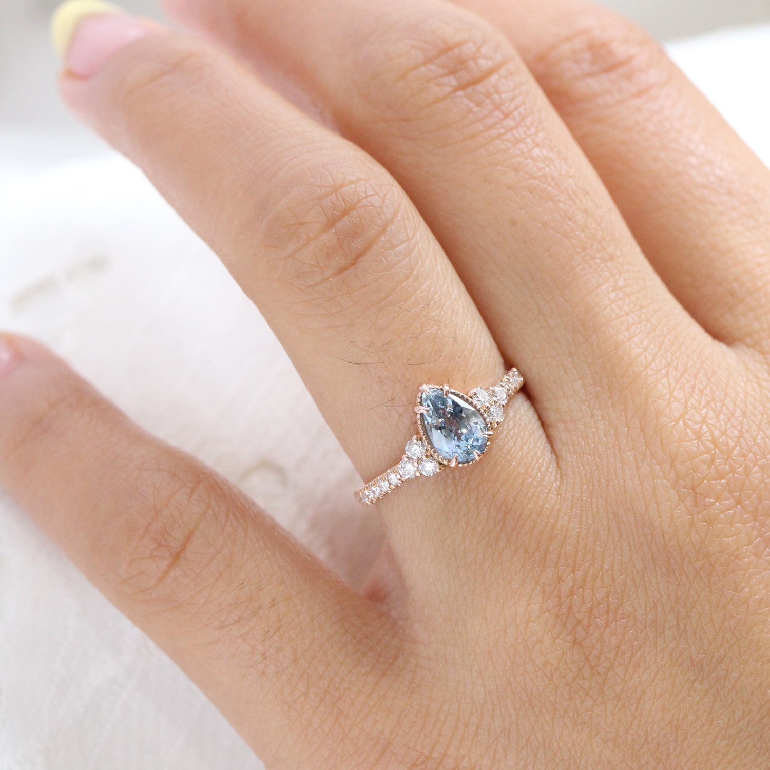 Pear Blue Sapphire Diamond Engagement Ring Rose Gold 3 Stone Ring | La ...