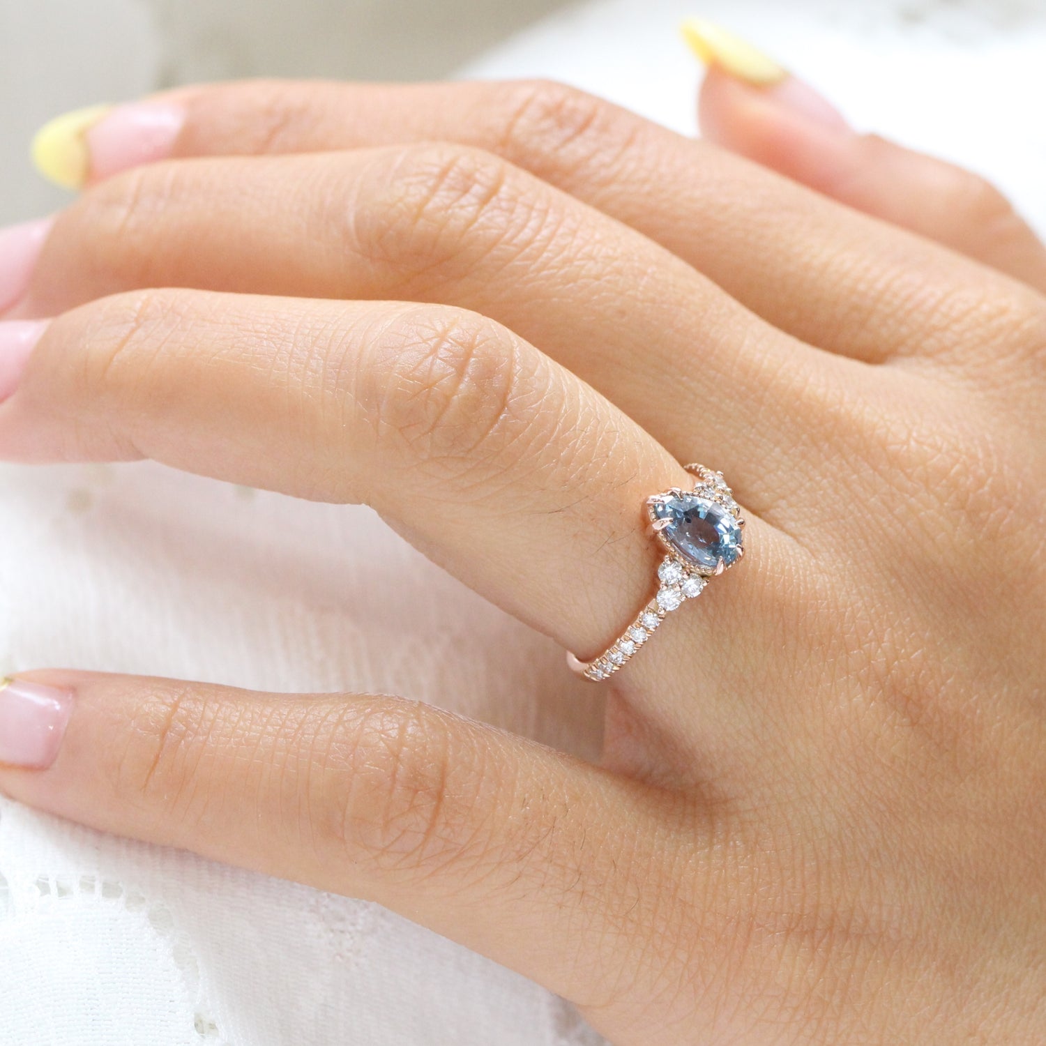 Pear Blue Sapphire Diamond Engagement Ring Rose Gold 3 Stone Ring | La ...