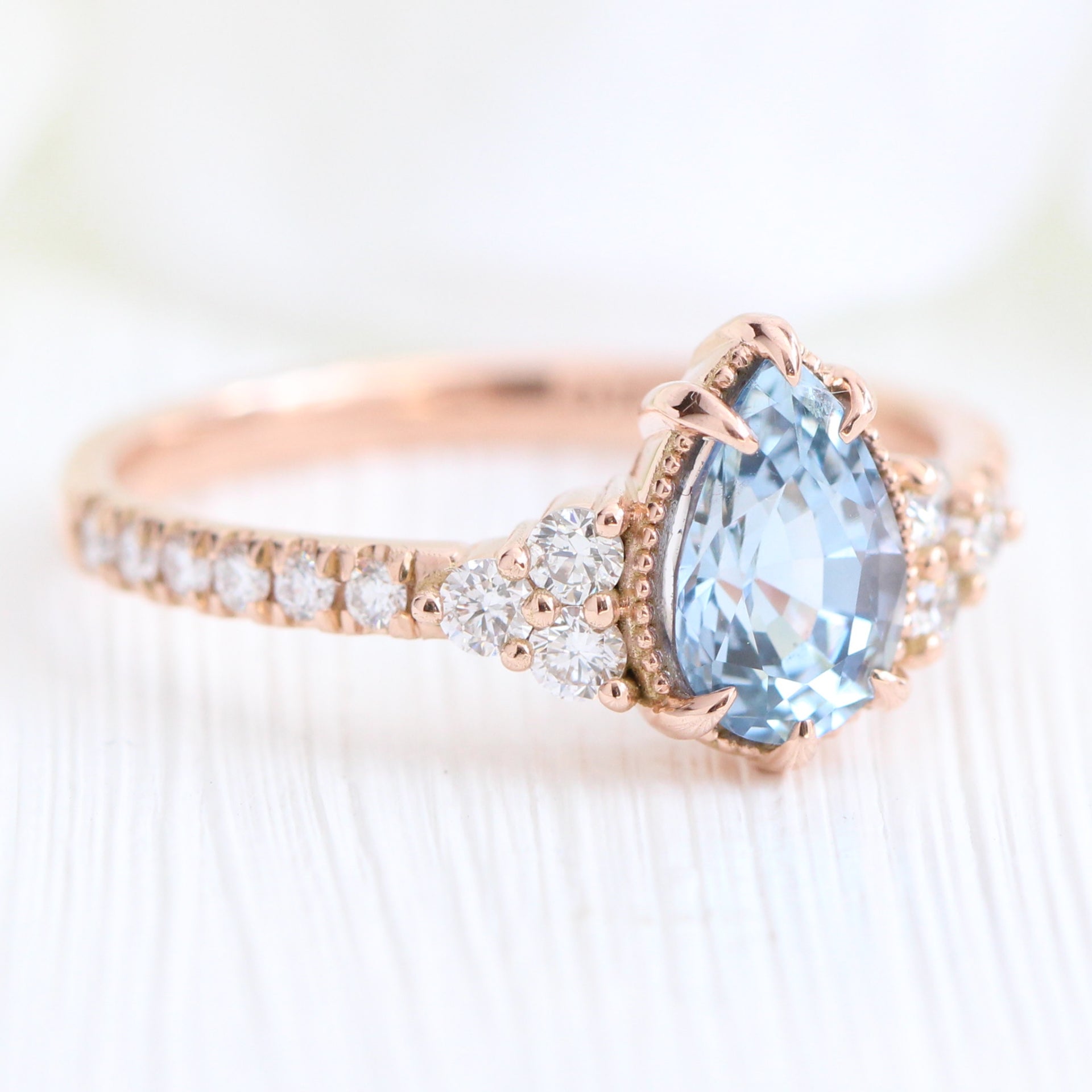 Pear Blue Sapphire Diamond Engagement Ring Rose Gold 3 Stone Ring | La ...
