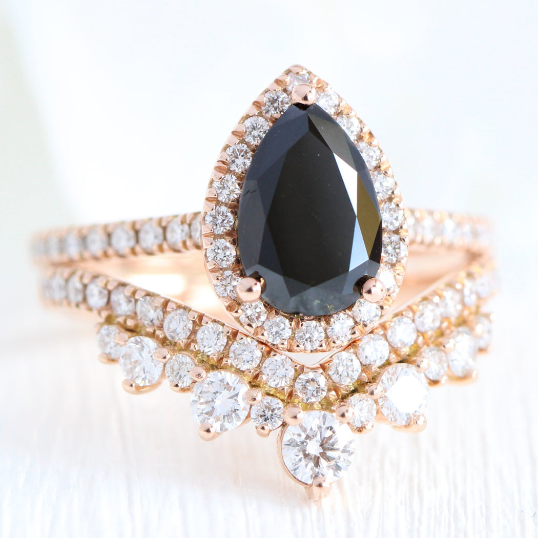 Pear Black Diamond Engagement Ring Cluster Wedding Ring Set Halo Ring ...