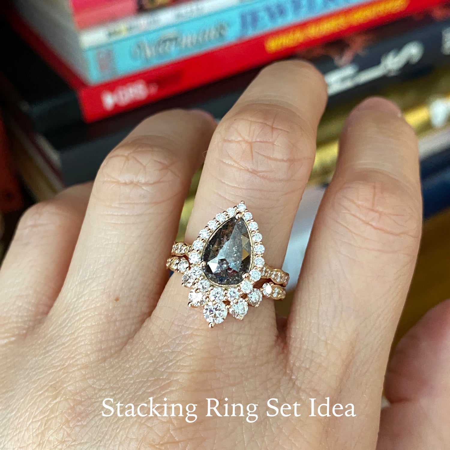 Pear Cut Salt and Pepper Diamond Engagement Ring Rose Gold Halo Ring ...