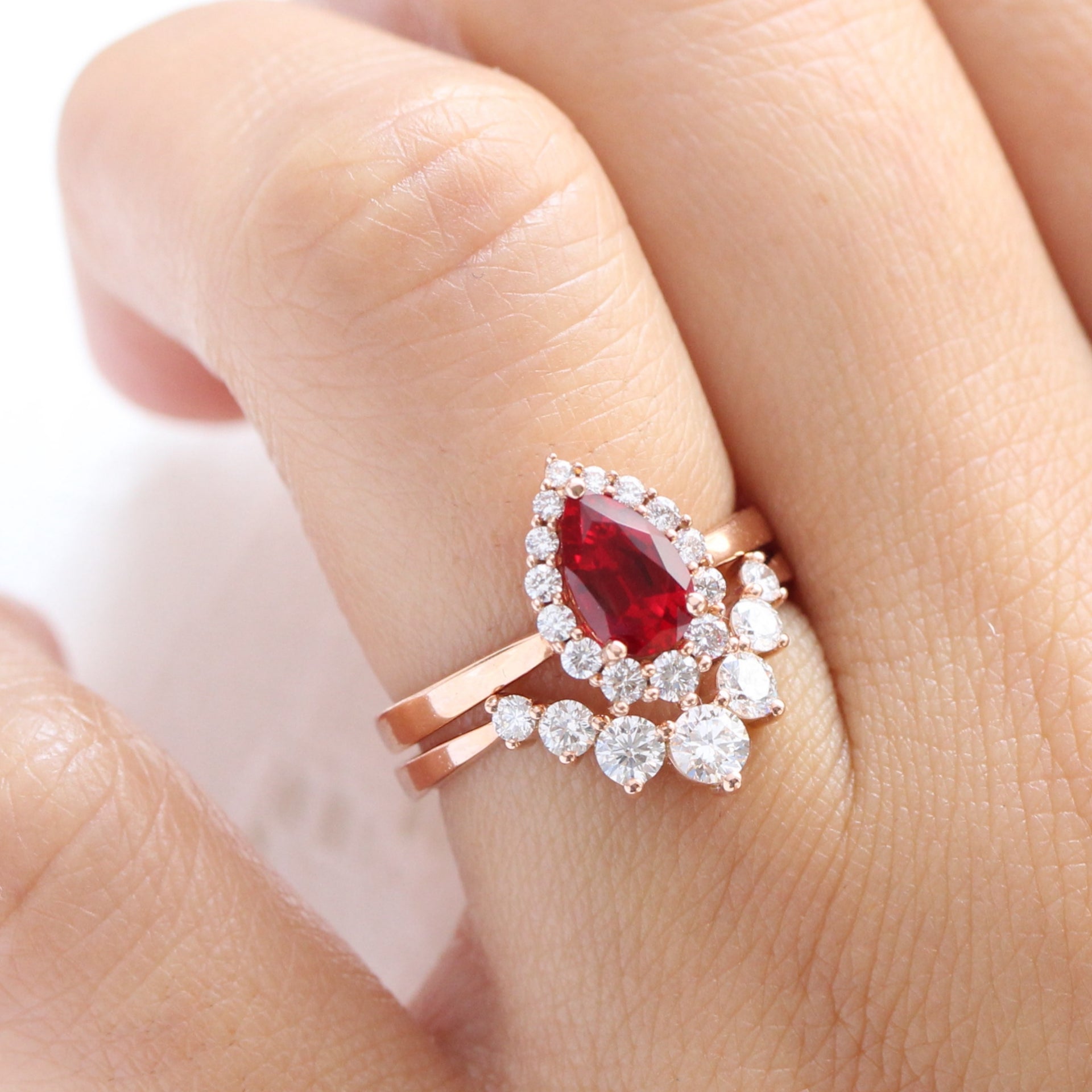 Pear Ruby and Diamond Bridal Ring Set Rose Gold Stackable Wedding Band | La More Design