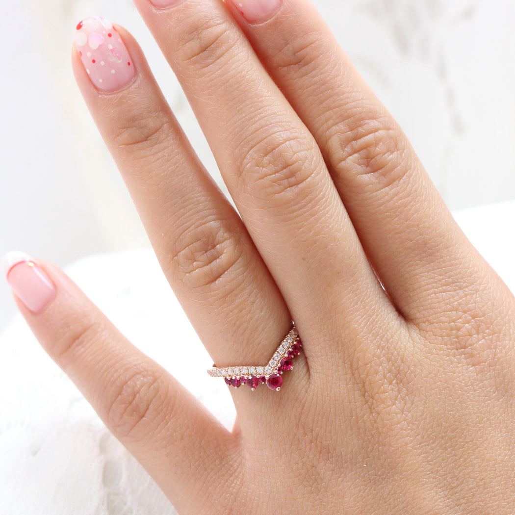 Large Ruby and Diamond Wedding Ring Rose Gold V Shaped Wedding Band ...
