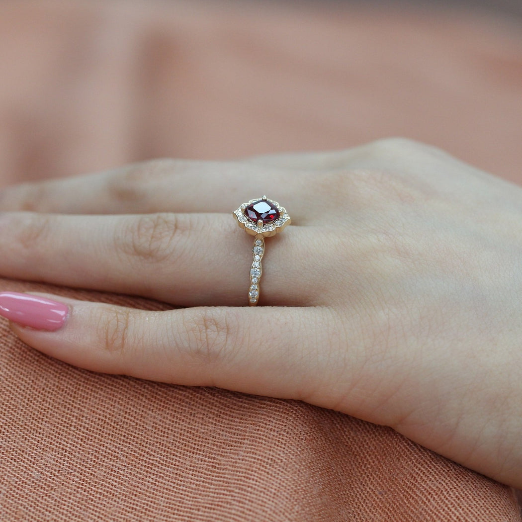 Cushion Ruby Engagement Ring Rose Gold Vintage Style Halo Ring | La ...