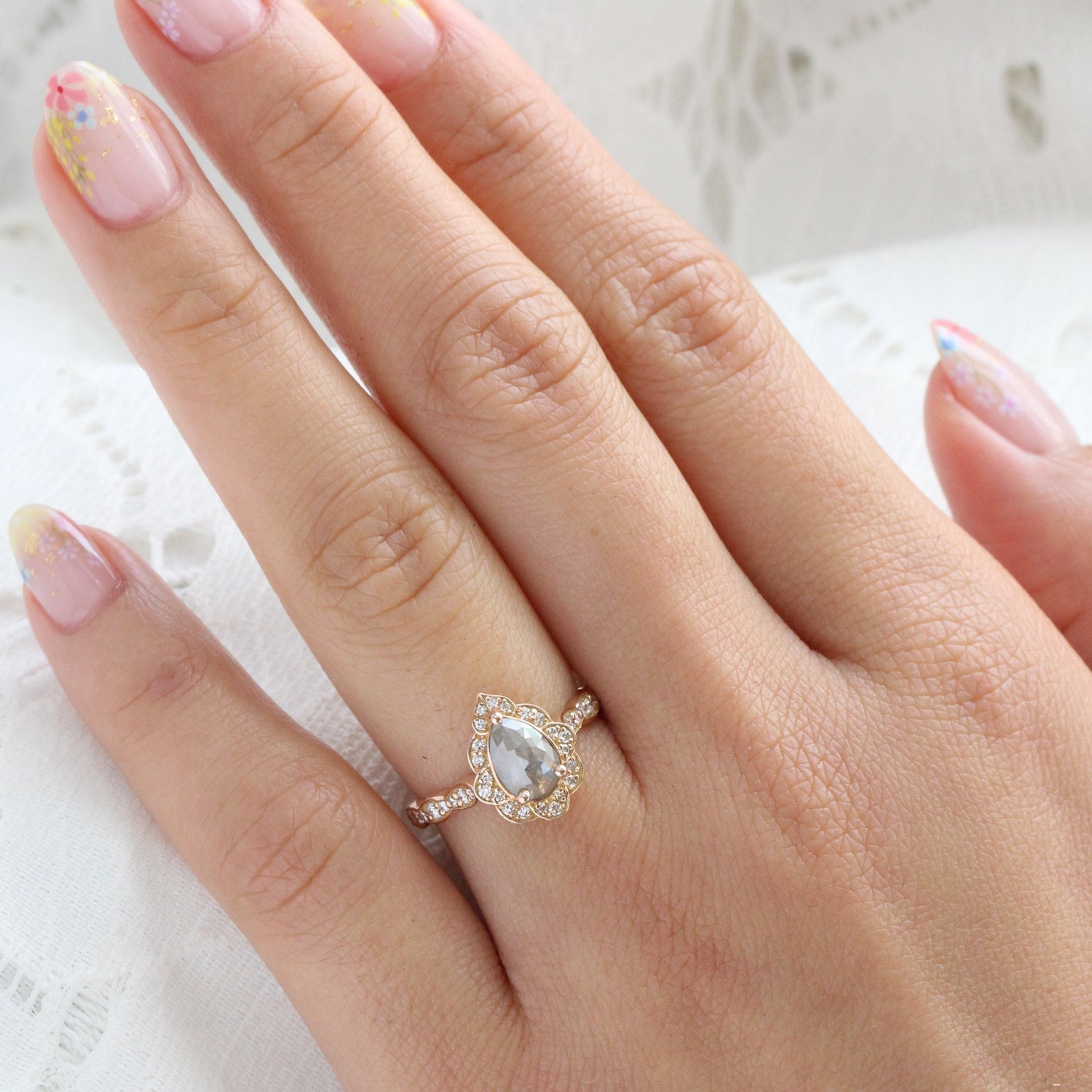 Pear Salt and Pepper Diamond Engagement Ring Rose Gold Vintage Style ...