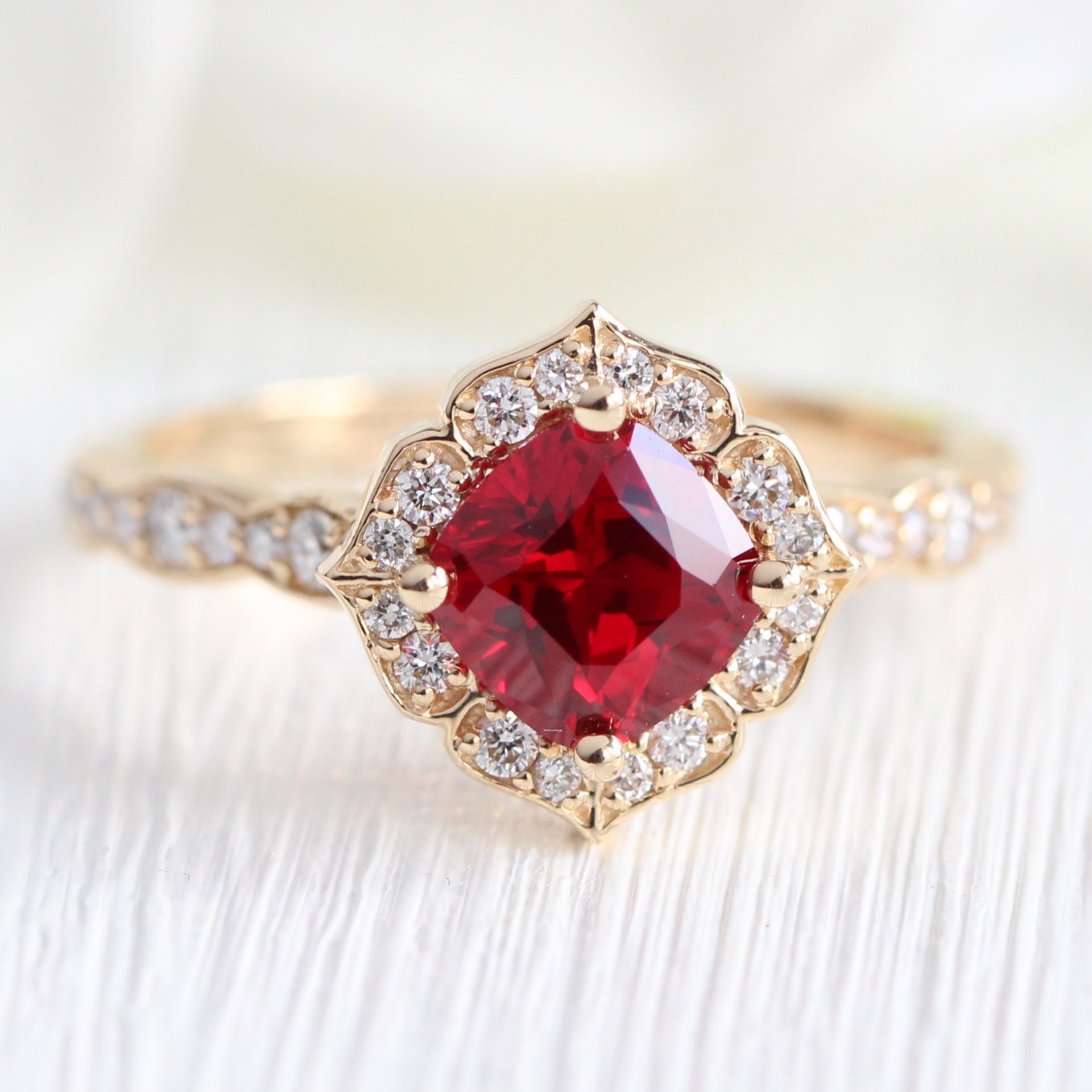 Cushion Ruby Engagement Ring Rose Gold Vintage Style Halo Ring | La ...